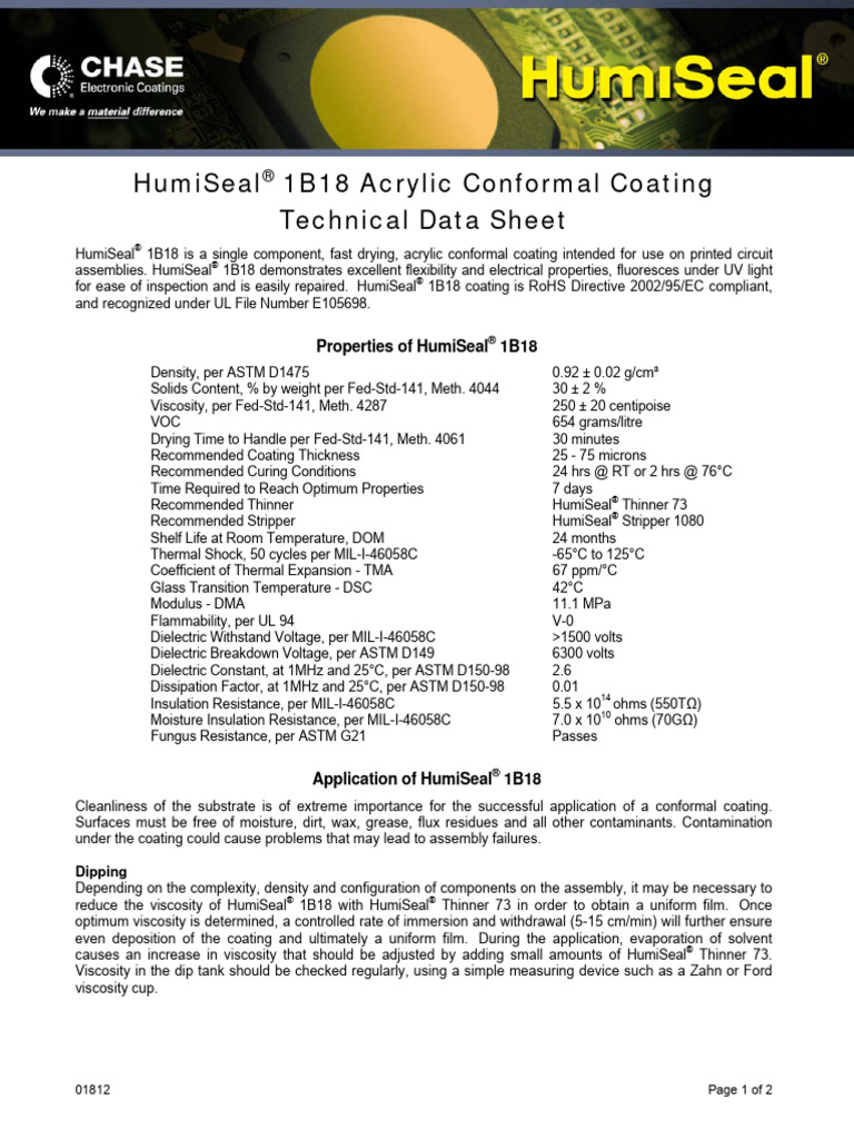Humiseal 1B18 Acrylic Conformal Coating Technical Data Sheet | PDF ...