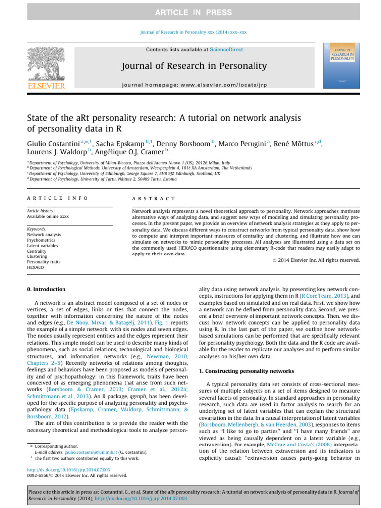 State of The Art Personality Research - Tutorial On Network Analysis ...