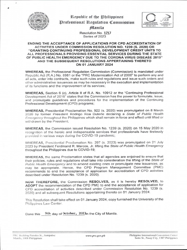 PRC Resolution 2023-1717 | PDF | Economy Of The Philippines