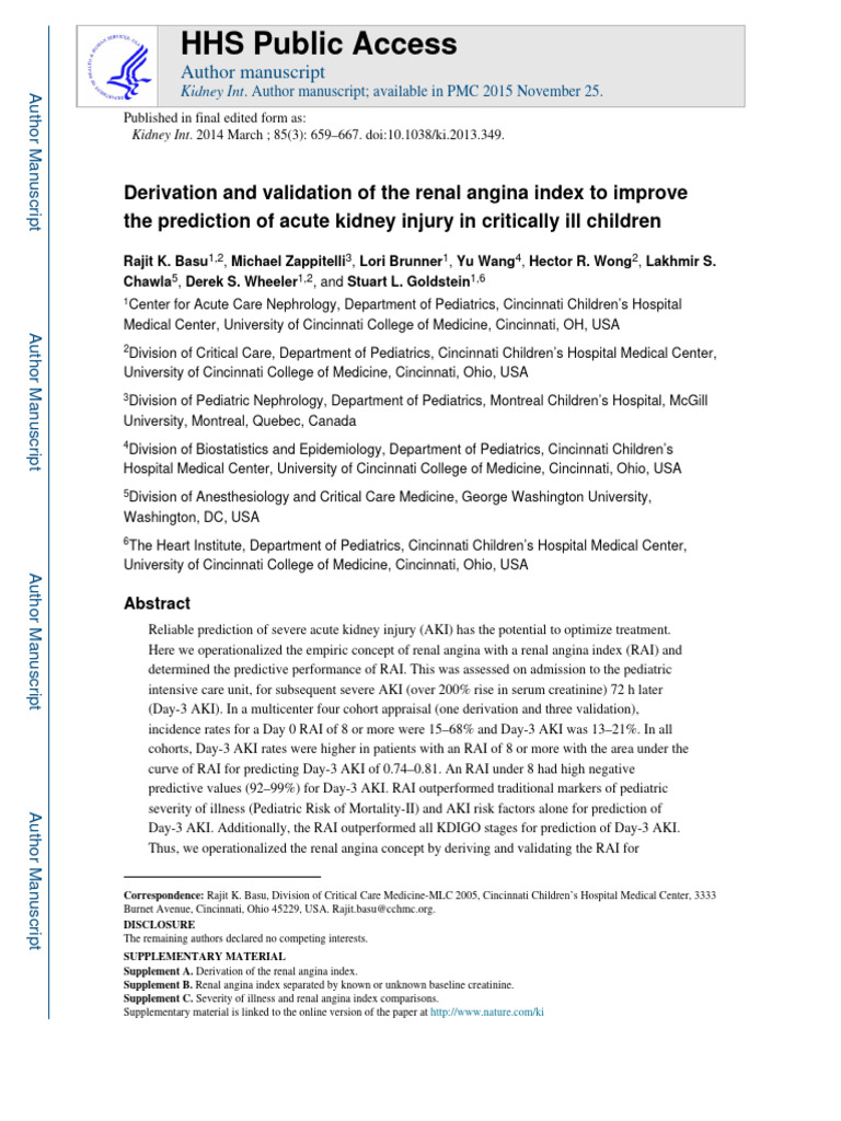 Derivation and validation of the renal angina index to improve the ...