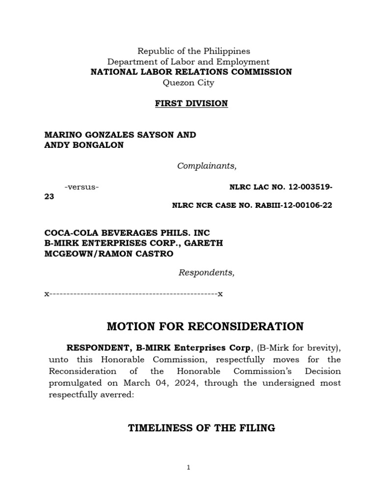 Motion For Reconsideration Marino Sayson and Andy Bongalon | PDF | Employment | Damages