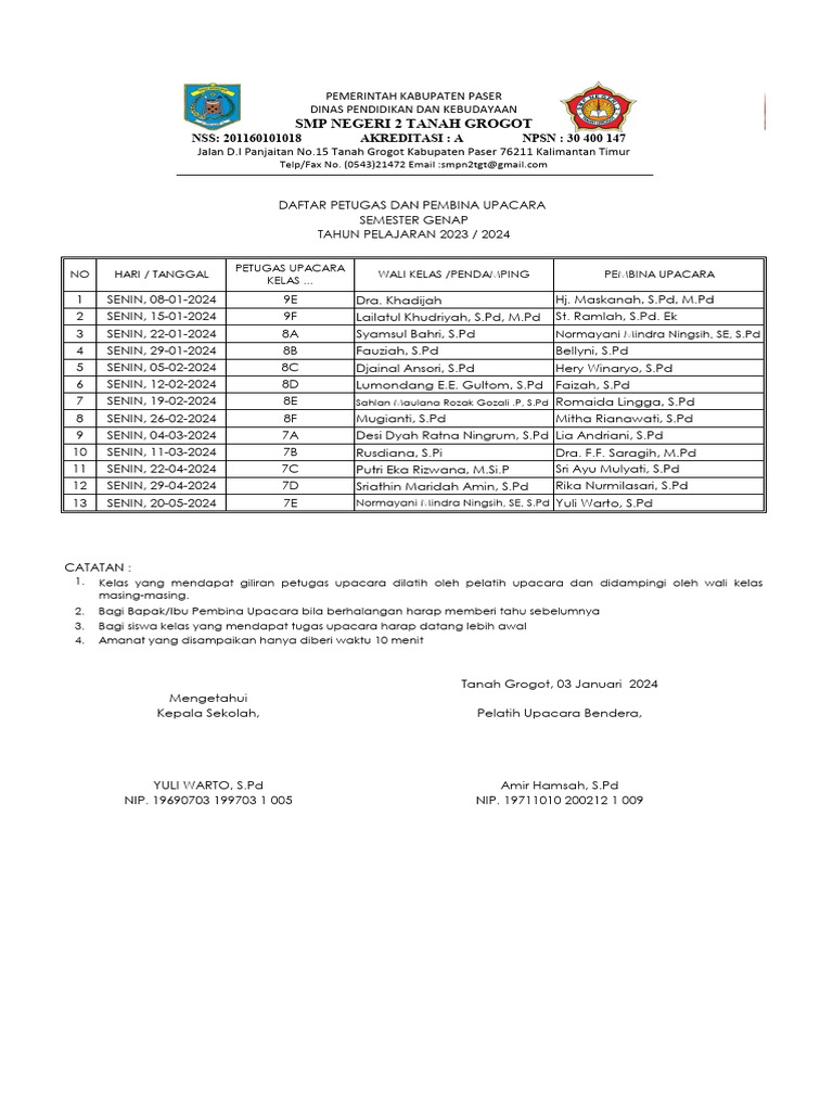 Jadwal Upacara Semester Genap 2024 | PDF