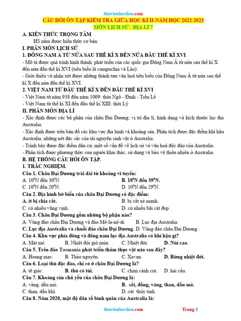 Cau Hoi On Tap Su Dia 7 Giua HK2 Nam 22 23 | PDF