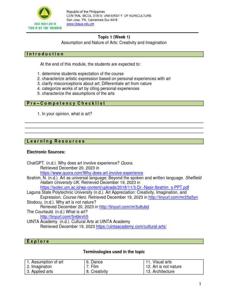 Module 1 (Topic 1) | PDF | Experience | The Arts