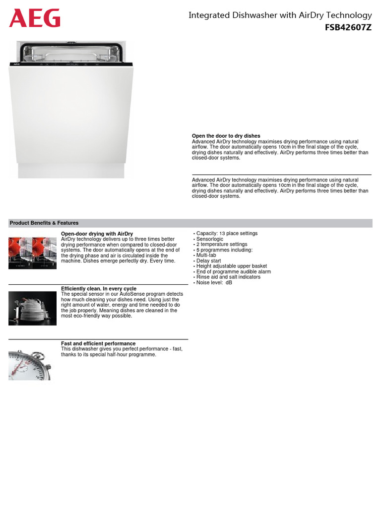 Integrated Dishwasher With Airdry Technology: Fsb42607Z | PDF ...