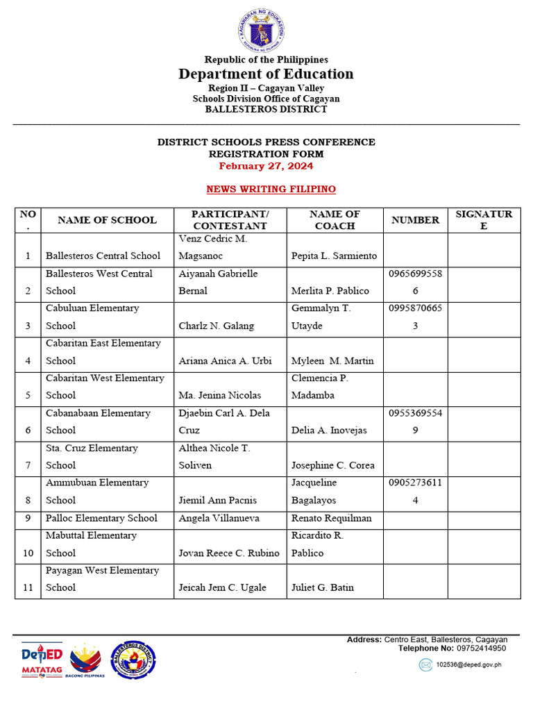 DISTRICT-SCHOOLS-PRESS-CONFERENCE-REGISTRATION-FILIPINO-CATEGORY | PDF ...