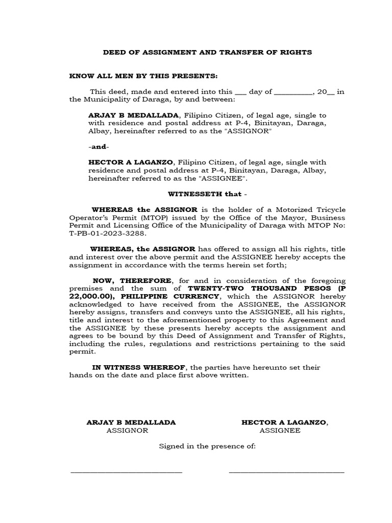 DEED-OF-ASSIGNMENT-AND-TRANSFER-OF-RIGHTS | PDF | Assignment (Law) | Deed
