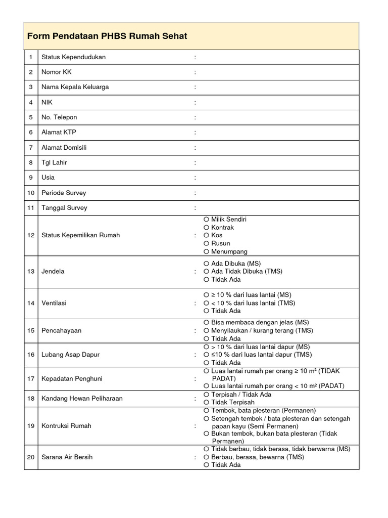 Form Pendataan Phbs Rumah Sehat Pdf