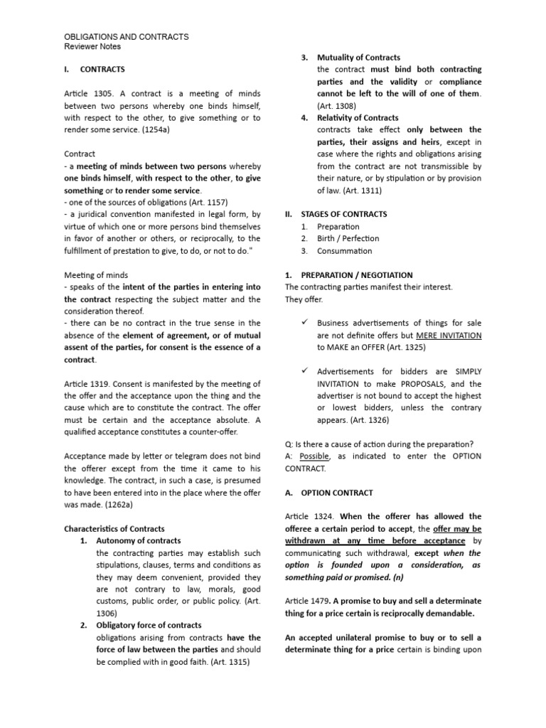 Contracts Reviewer | PDF | Offer And Acceptance | Law Of Obligations
