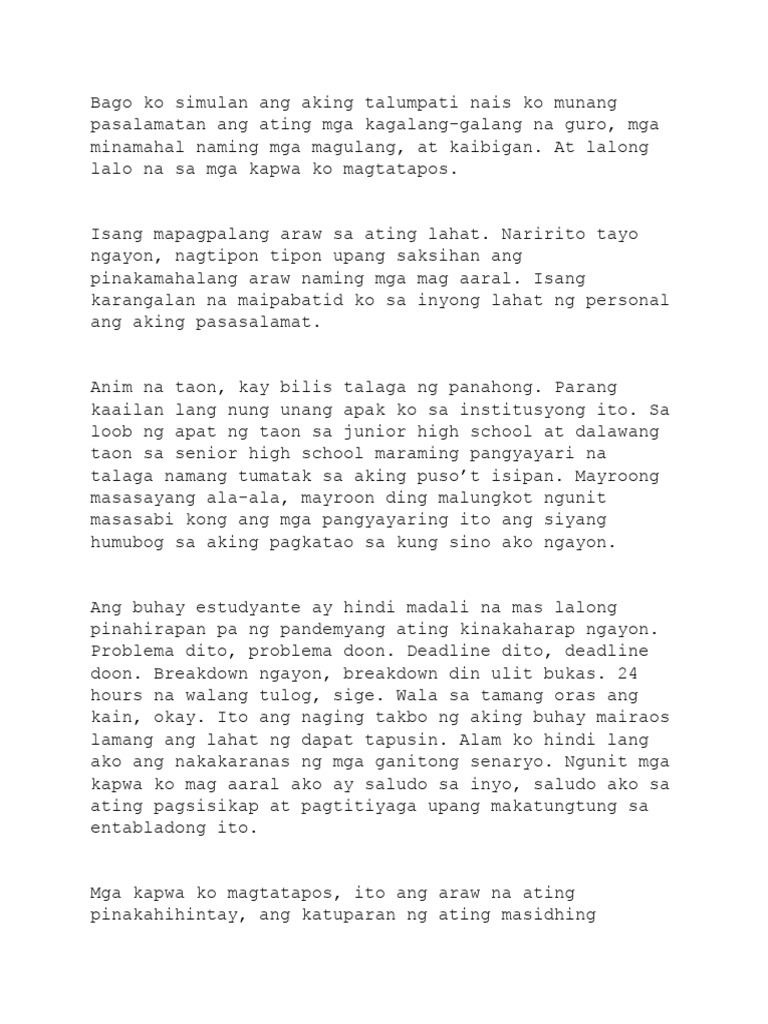 Bago Ko Simulan Ang Aking Talumpati Nais Ko Munang Pasalamatan Ang Ating Mga Kagalang | PDF