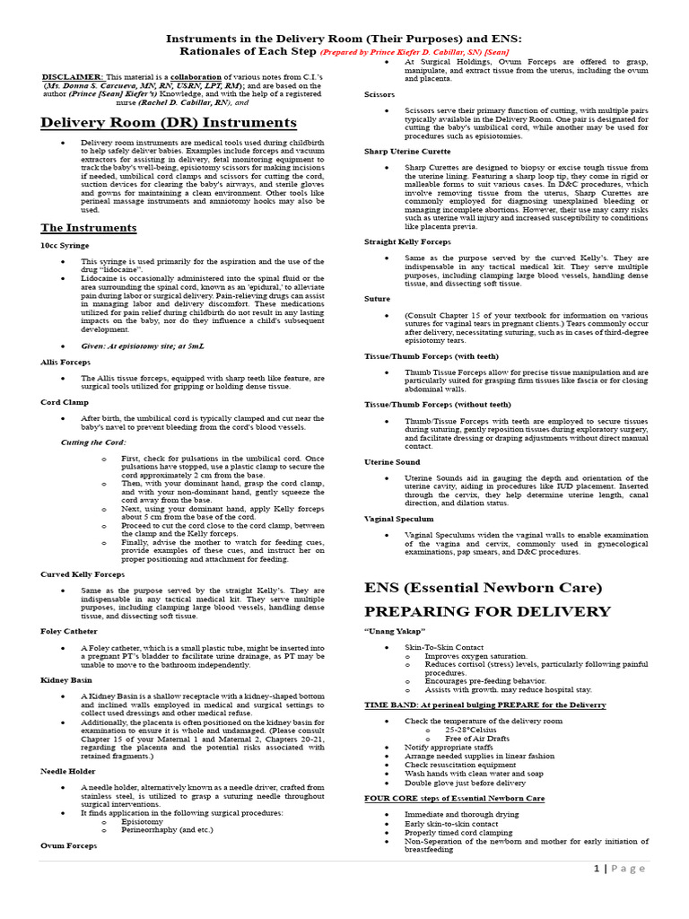Instruments in The Delivery Room Their Purposes and ENS RATIONALES of ...