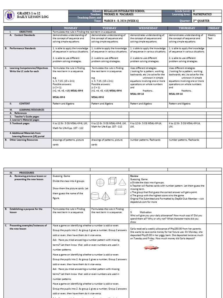 DLL - Mathematics 5 - Q3 - W6 | PDF | Flashcard | Cognition