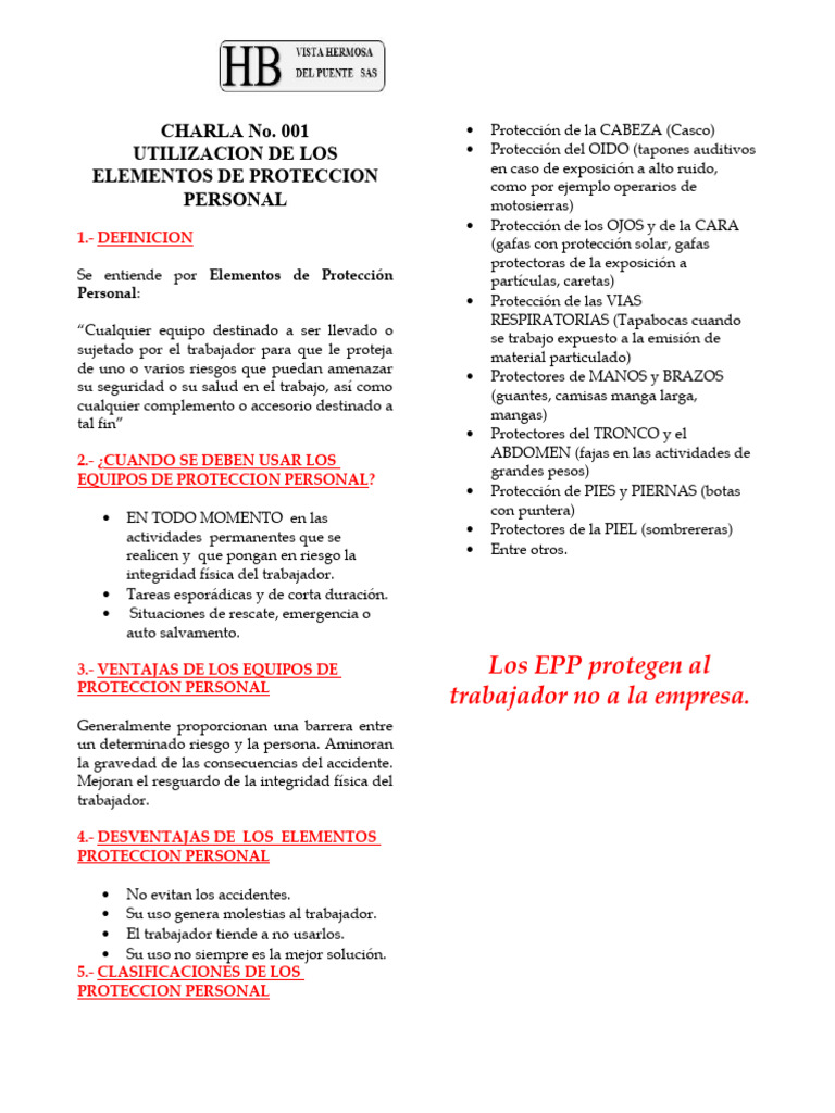Charla 1 Elementos de ProtecciÃ N Personal | PDF