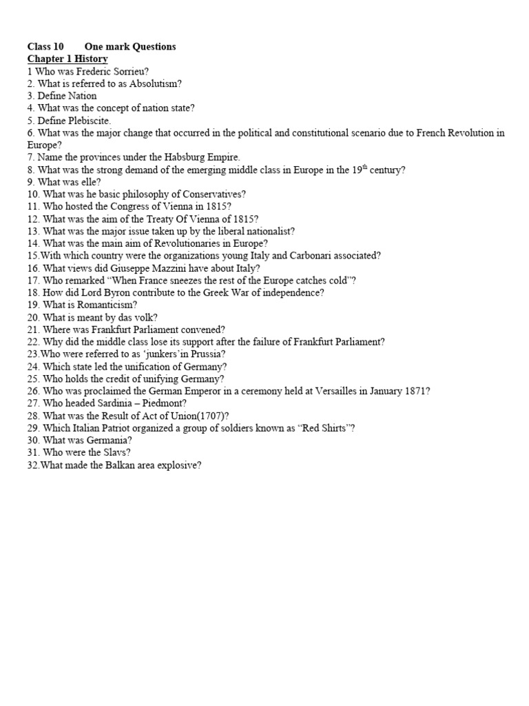 Class 10 One Mark Only Questions | PDF | Soil | Ore