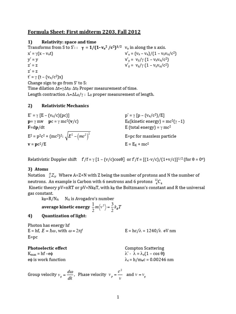 Equation Sheet | PDF | Schrödinger Equation | Electronvolt