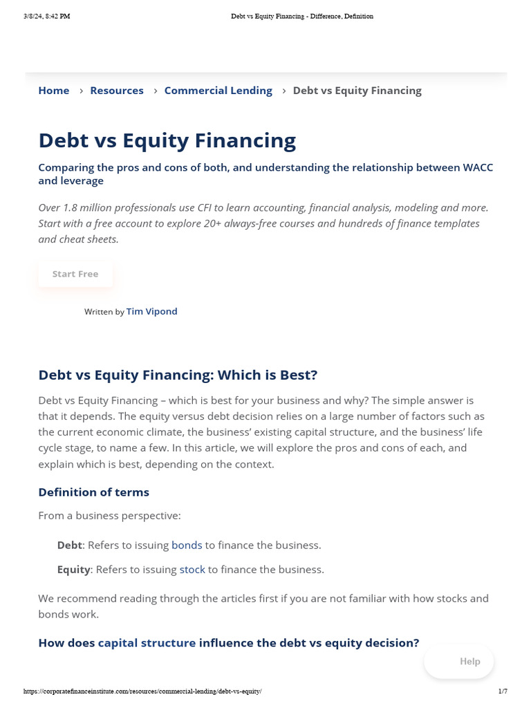 Debt Vs Equity Financing - Difference, Definition | Download Free PDF ...