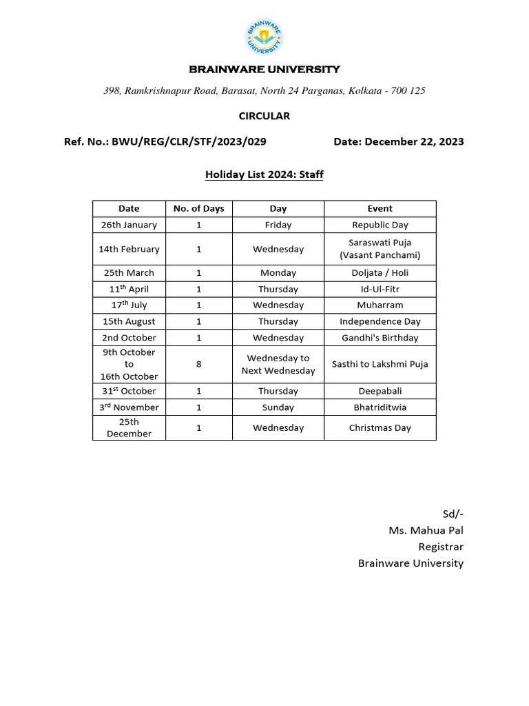 Staff Circular 2023 - 12 - 22 - 029 Holiday List 2024 Staff | PDF