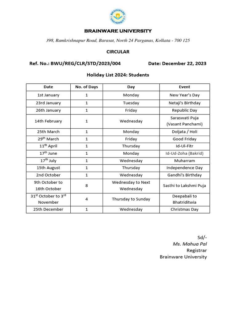 Student Circular 2023_12_22_004 Holiday List 2024 Student | PDF