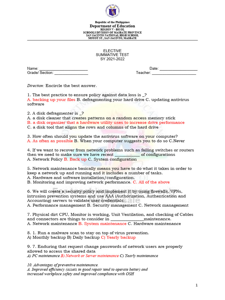 ANSWER KEY Summative Exam 3rd Qtr in Elective Css 2021 2022 Mod 1 4 | PDF | Computer Network ...