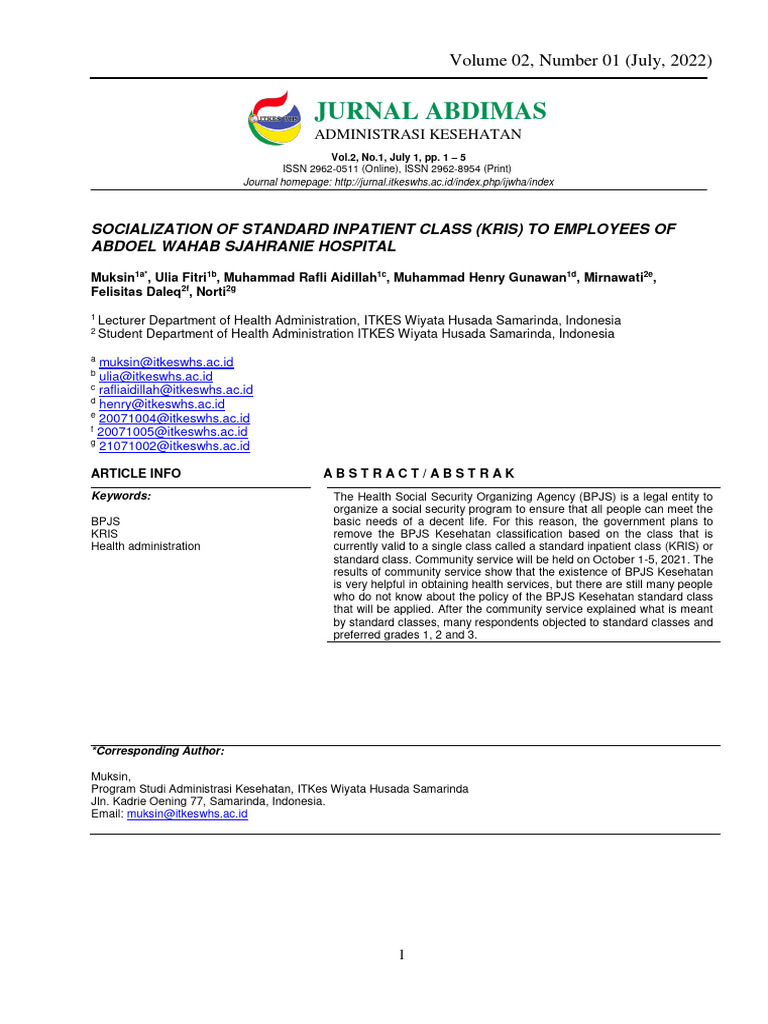 Socialization of KRIS at Abdoel Wahab Hospital | PDF | Welfare | Hospital