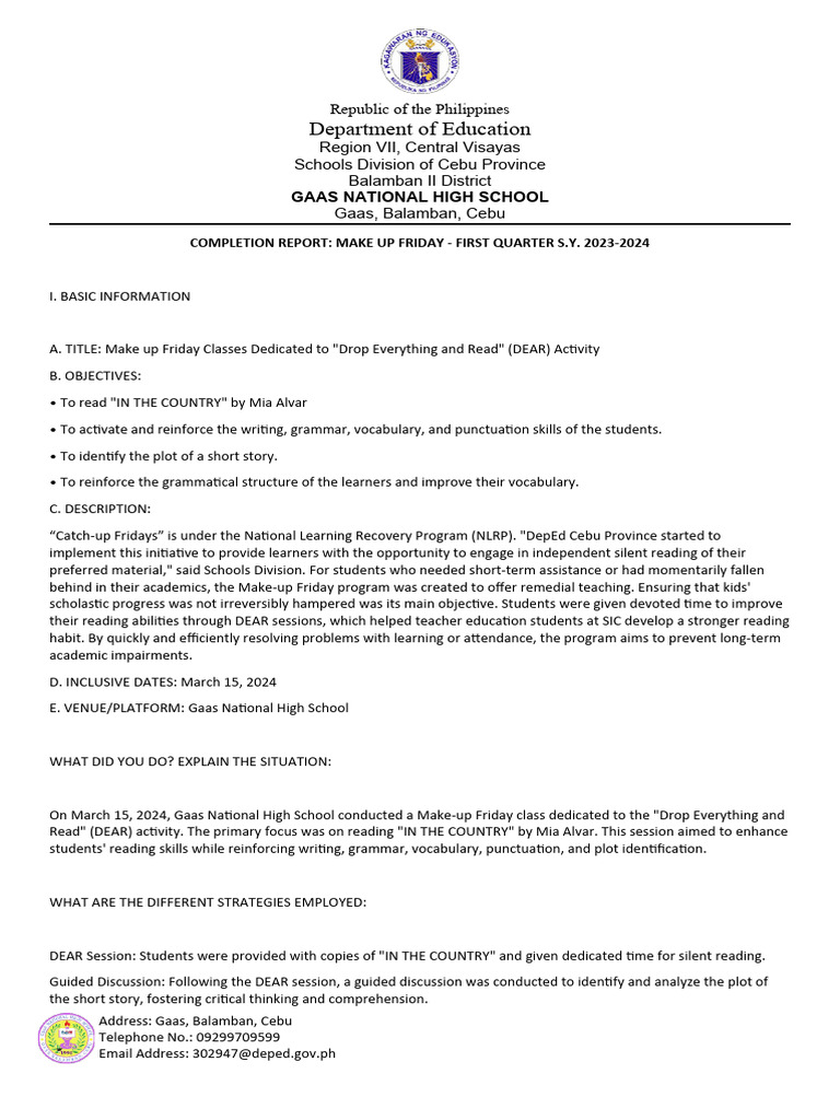 Make-up Friday DEAR Program Report | PDF | Reading Comprehension | Critical Thinking