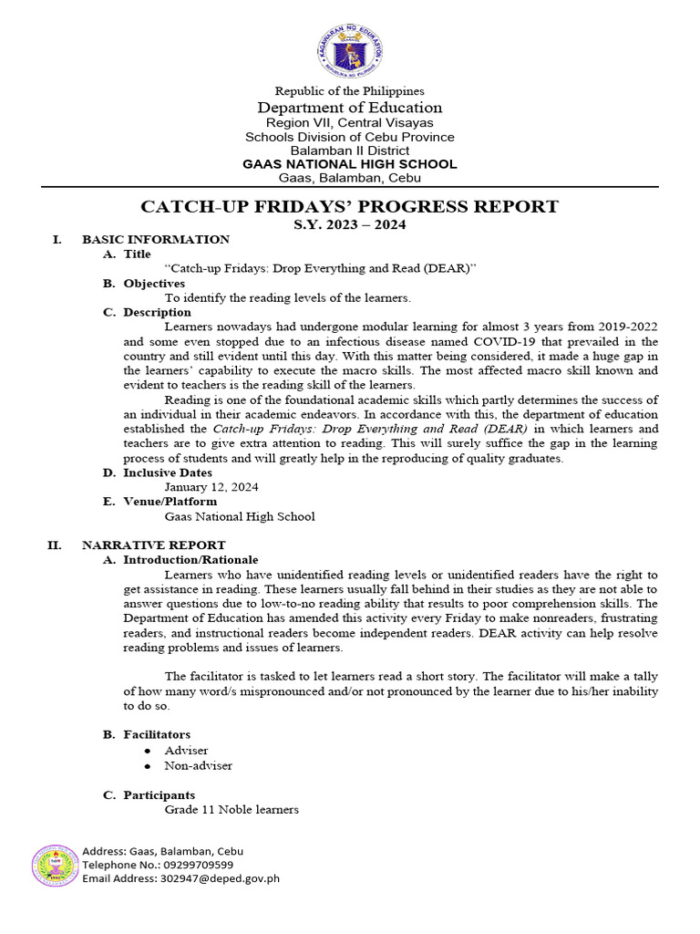 Grade 11 Reading Progress Report | PDF | Learning | Reading Comprehension