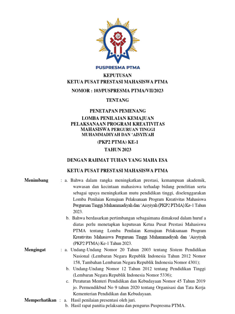 SK Pemenang Lomba PKP2 PTMA Ke-1 Tahun 2023. SK Pemenang Lomba PKP2 ...