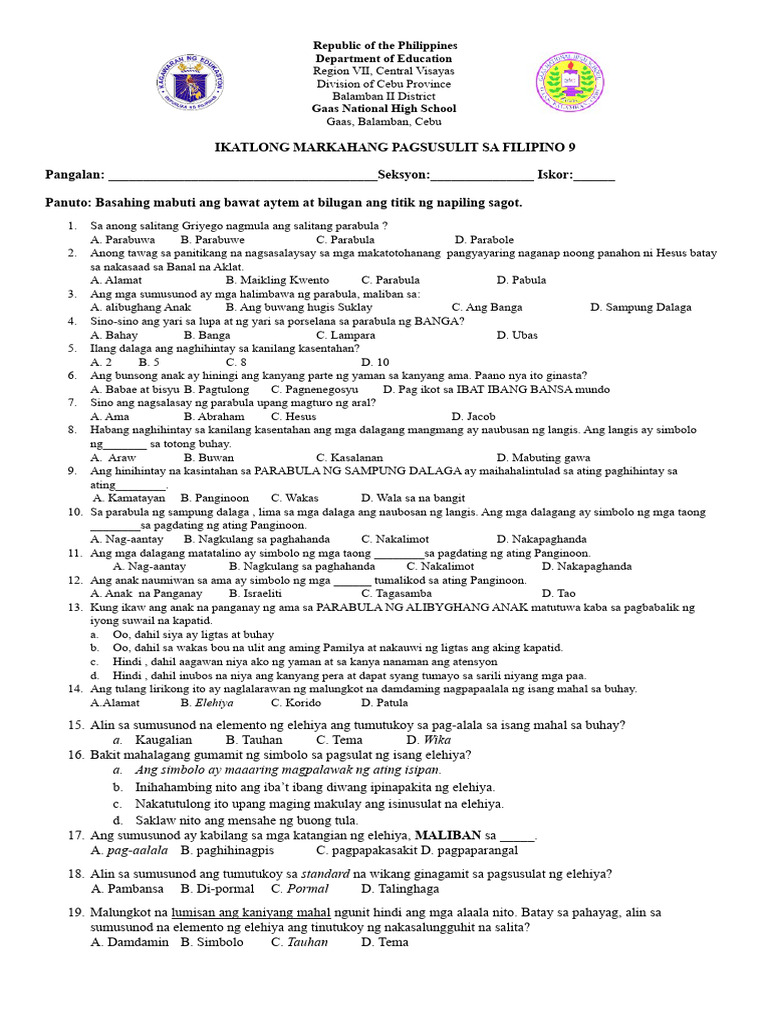 3rd-Q-Exam-in-FILIPINO 9 | PDF