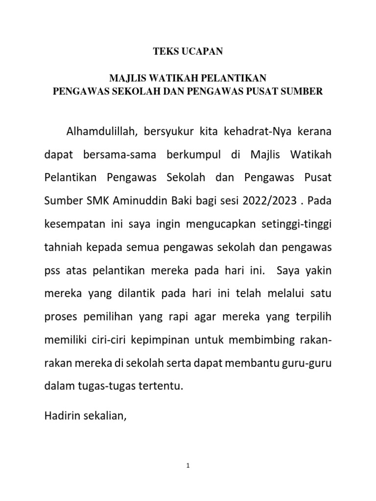 Teks Ucapan Pengetua Pelantikan Pengawas, Pss 2022 - 2023 | PDF