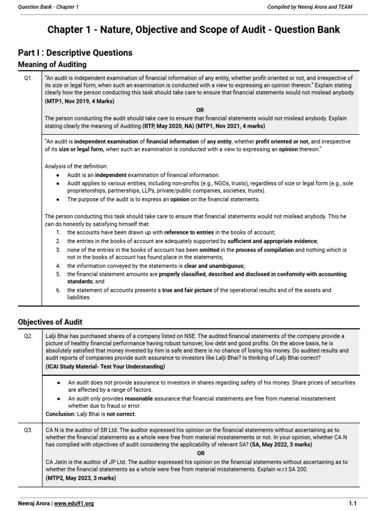 CA Inter Audit C1 Question Bank | PDF | Audit | Financial Audit