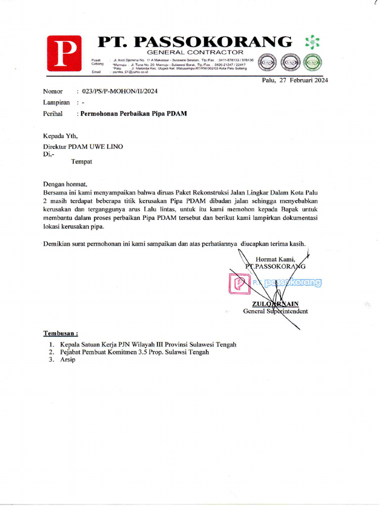 Surat Permohonan Perbaikan Pipa PDAM | PDF