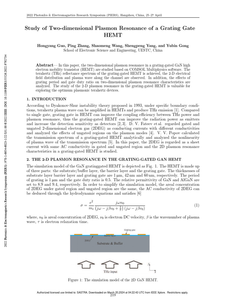 Study of Two-Dimensional Plasmon Resonance of A Grating Gate Hemt | PDF | Plasmon | Terahertz ...