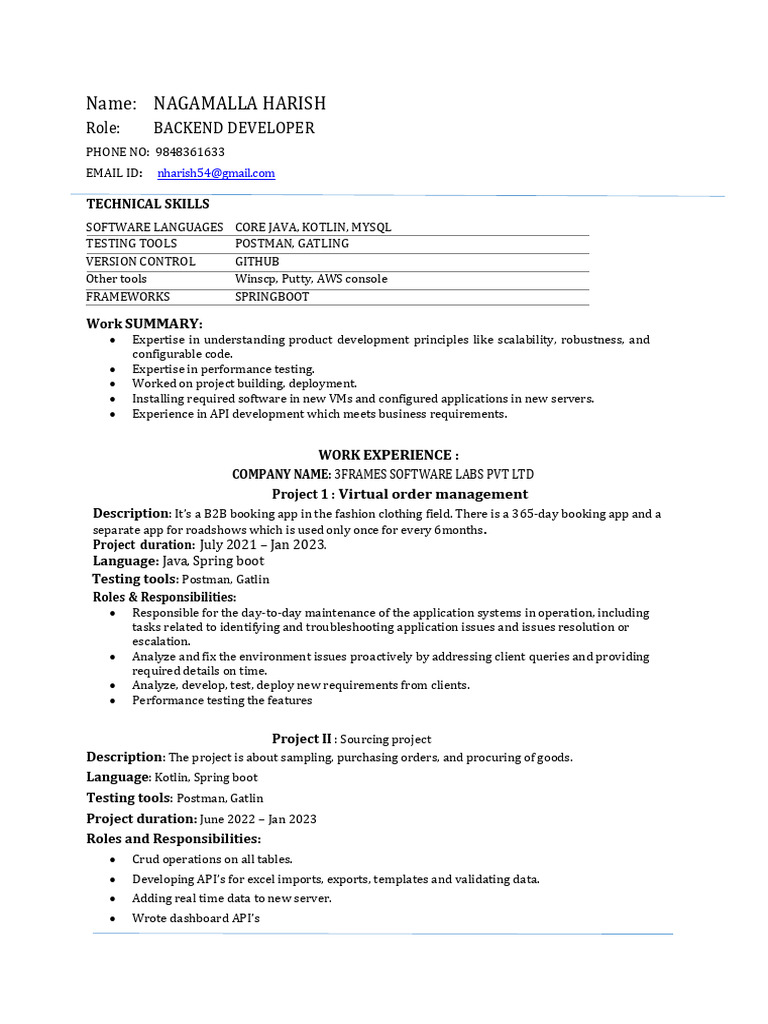 Harish Resume Work Exp Removed | PDF | Application Software | My Sql