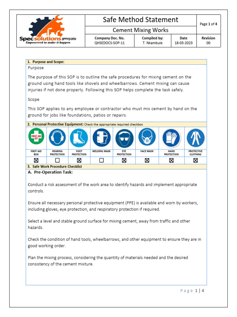Cement Mixing Works Method Statement | PDF | Personal Protective ...