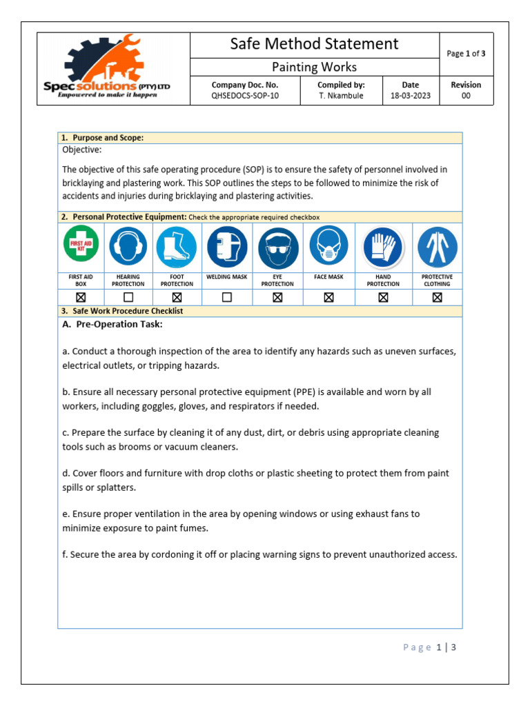 Painting Works Method Statement | PDF | Personal Protective Equipment | Paint
