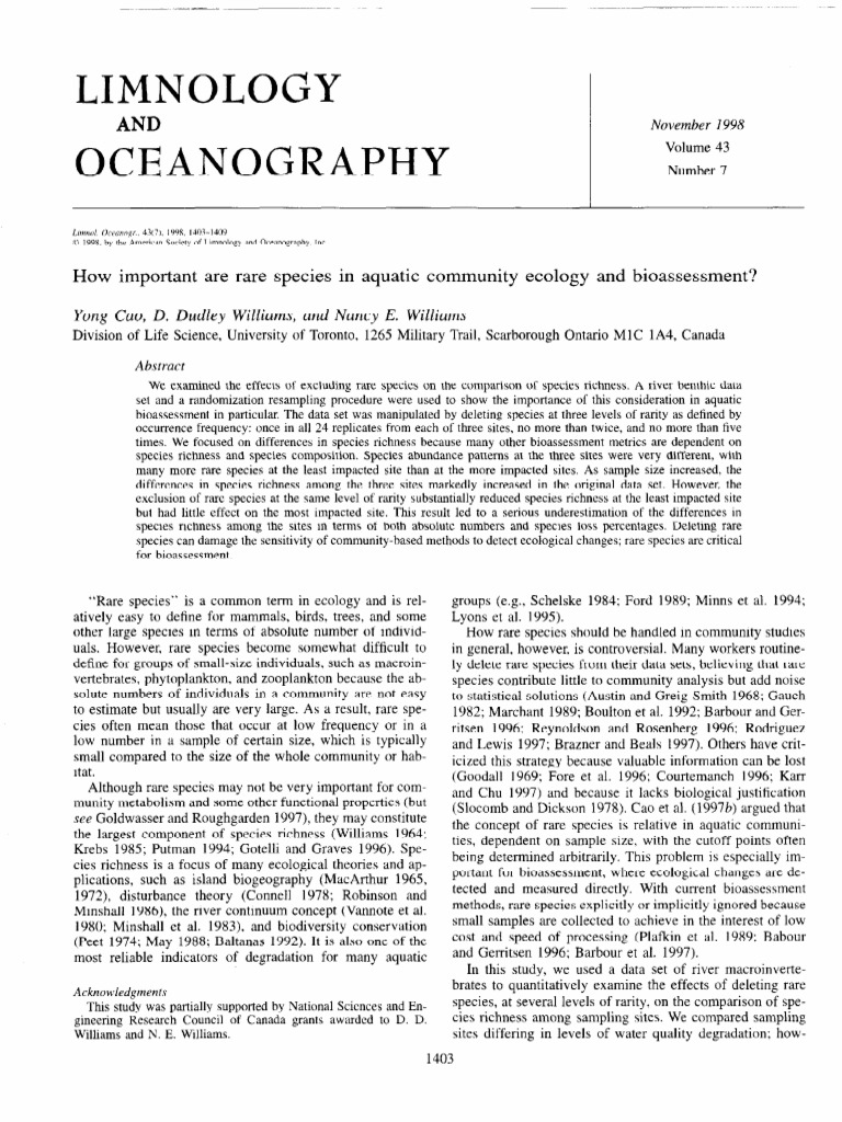 Importance of Rare Species in Aquatic Ecology | PDF | Reference Range ...