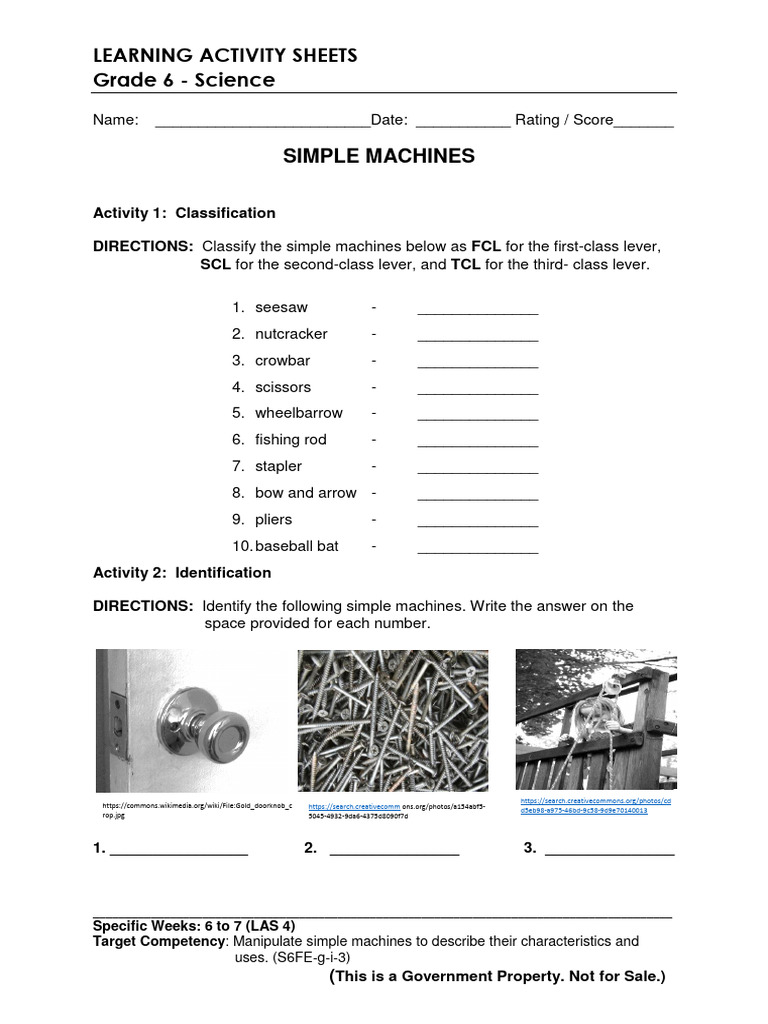 Grade 6 Simple Machines Activity Sheets | PDF | Machines | Tools