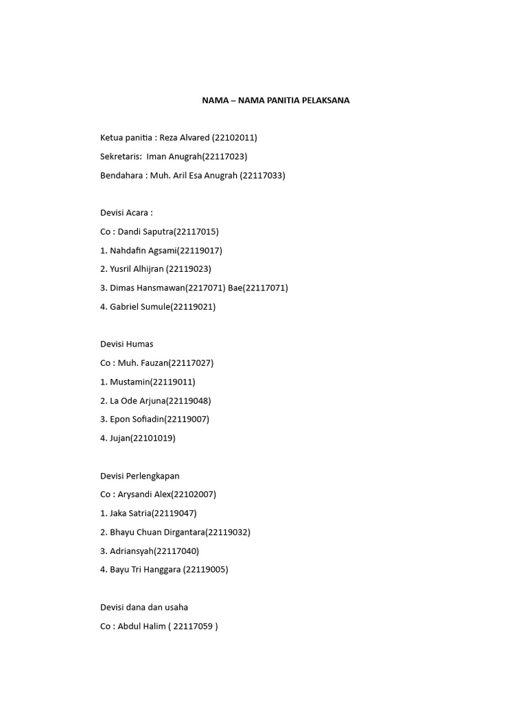Nama Panitia Dan Peserta Kegiatan | PDF