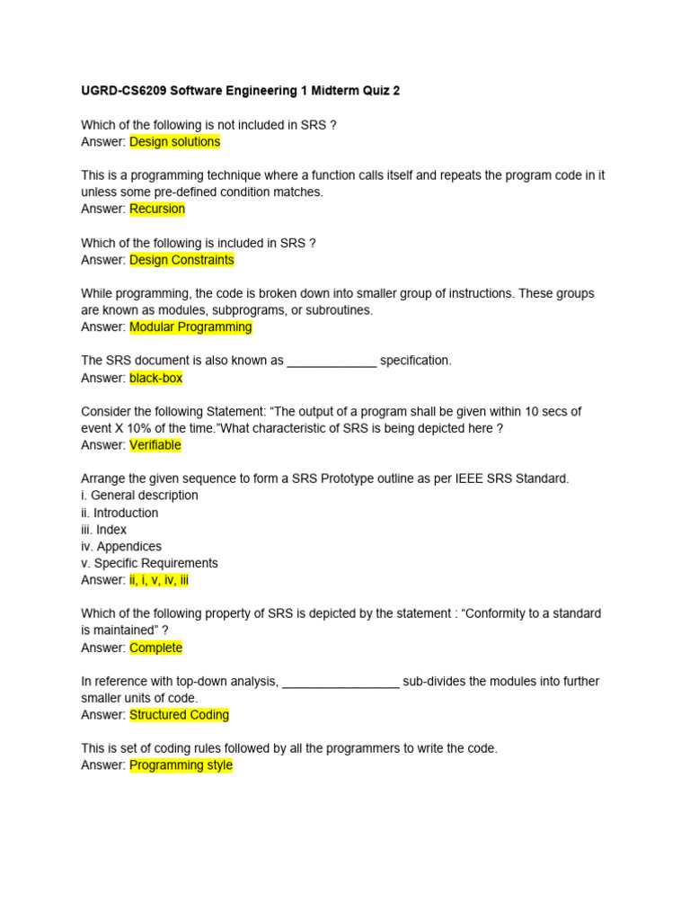 UGRD-CS6209 Software Engineering 1 Midterm Quiz 2 | PDF | Function (Mathematics) | Variable ...