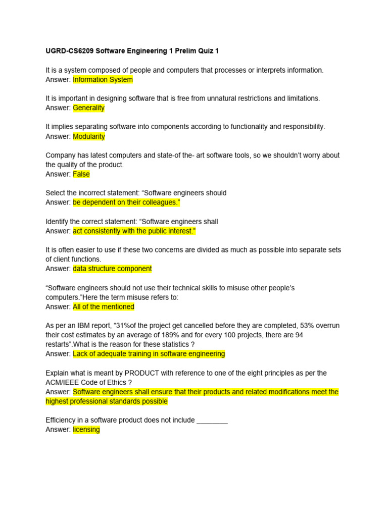 UGRD-CS6209 Software Engineering 1 Prelim Quiz 1 | PDF | Software ...