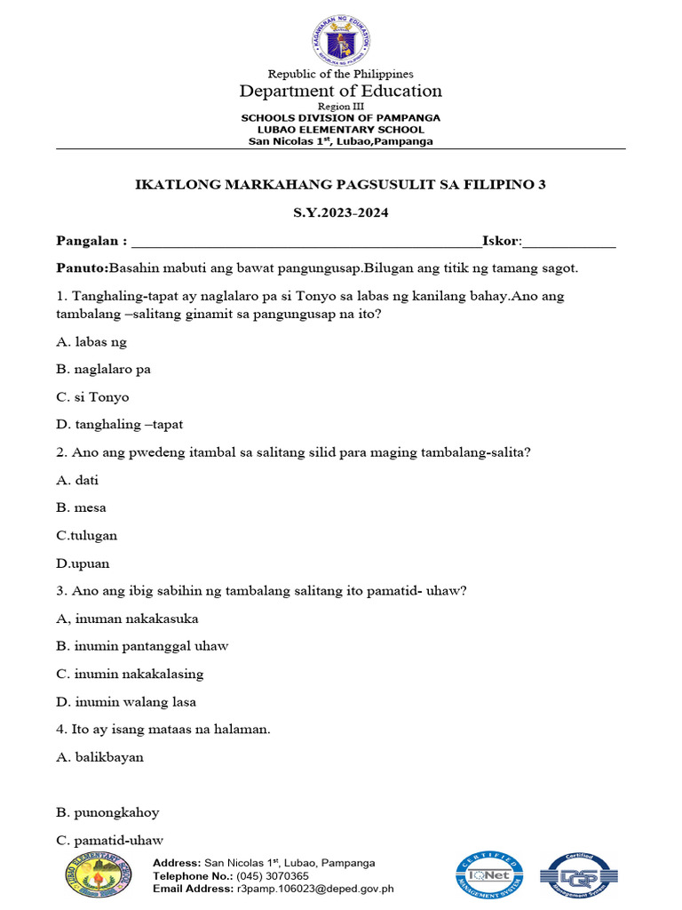 Ikatlong Pagsusulit Filipino 3 2023 | PDF