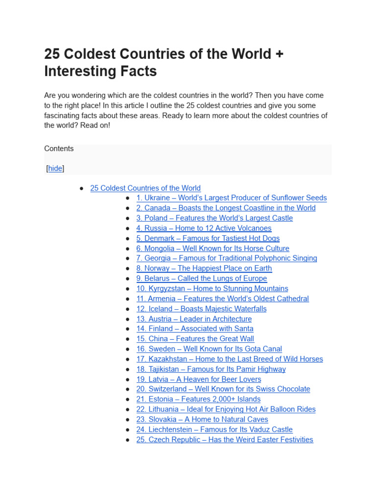 25 Coldest Countries in the World | PDF | Temperate Climate | Slovakia