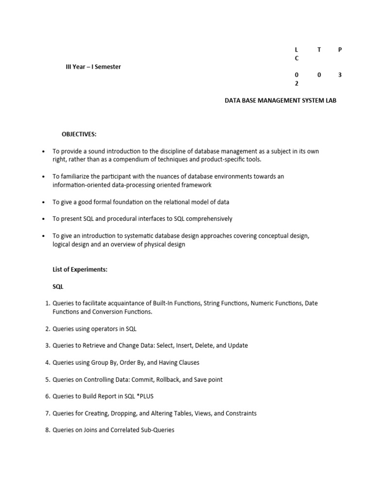 Dbms Lab Manual (R16) | PDF | Pl/Sql | Sql
