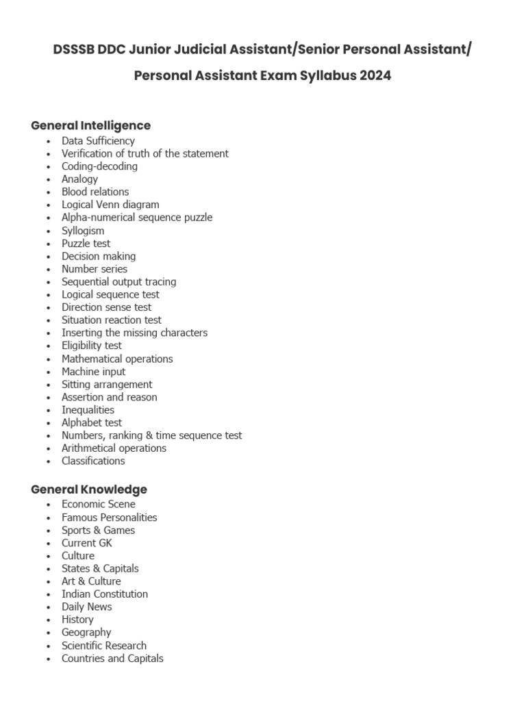 DSSSB DDC Jja & Spa & Pa Exam Syllabus 2024 | PDF