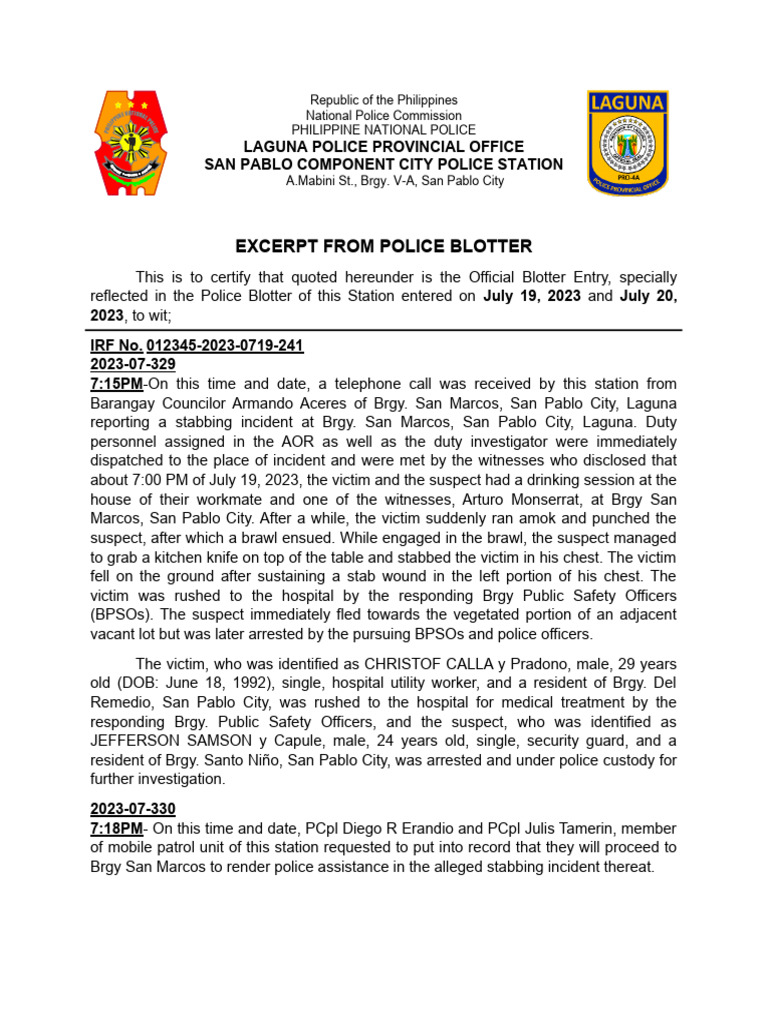 Excerpt From Blotter CIC CASE FOLDER | Download Free PDF | Law ...