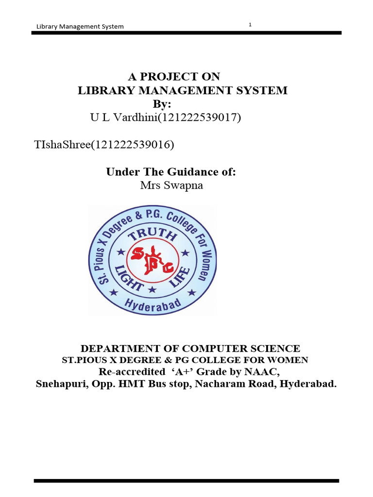 A Project On Library Management System By: U L Vardhini (121222539017) | Download Free PDF ...