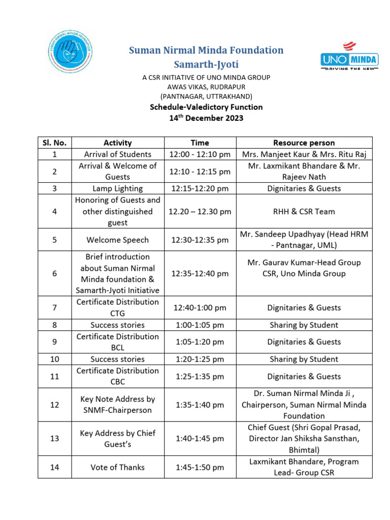 Valedictory Function Schedule - Samarth-Jyoti | PDF