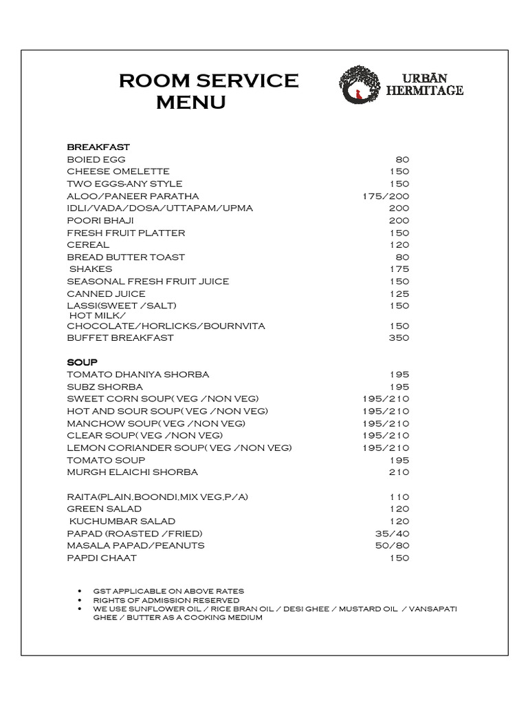 Room Service Menu with Pricing Options | PDF | Curry | Soup