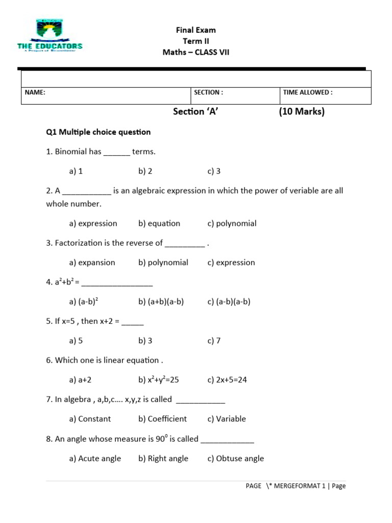 Final Exam Maths 7th) | PDF | Equations | Polynomial