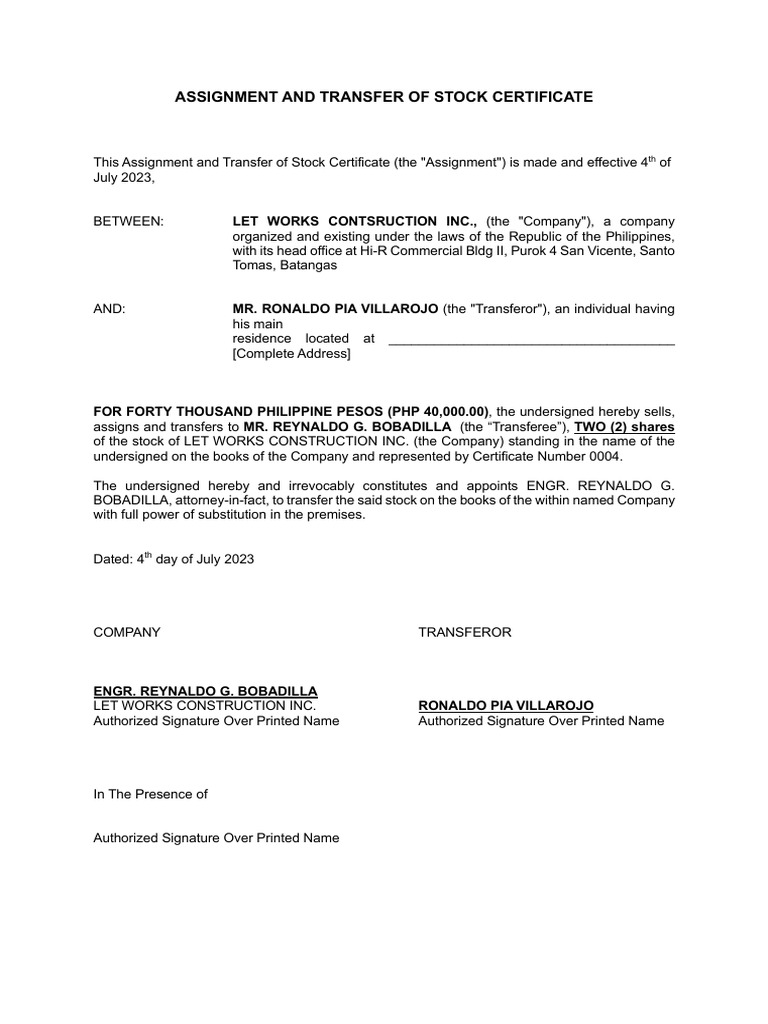 ASSIGNMENT AND TRANSFER OF STOCK CERTIFICATE Villarojo | PDF | Law
